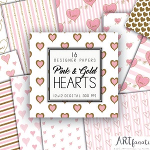 Pink & Gold Hearts Digital Designer Papers 16 Gold, Glitter, Pink ...