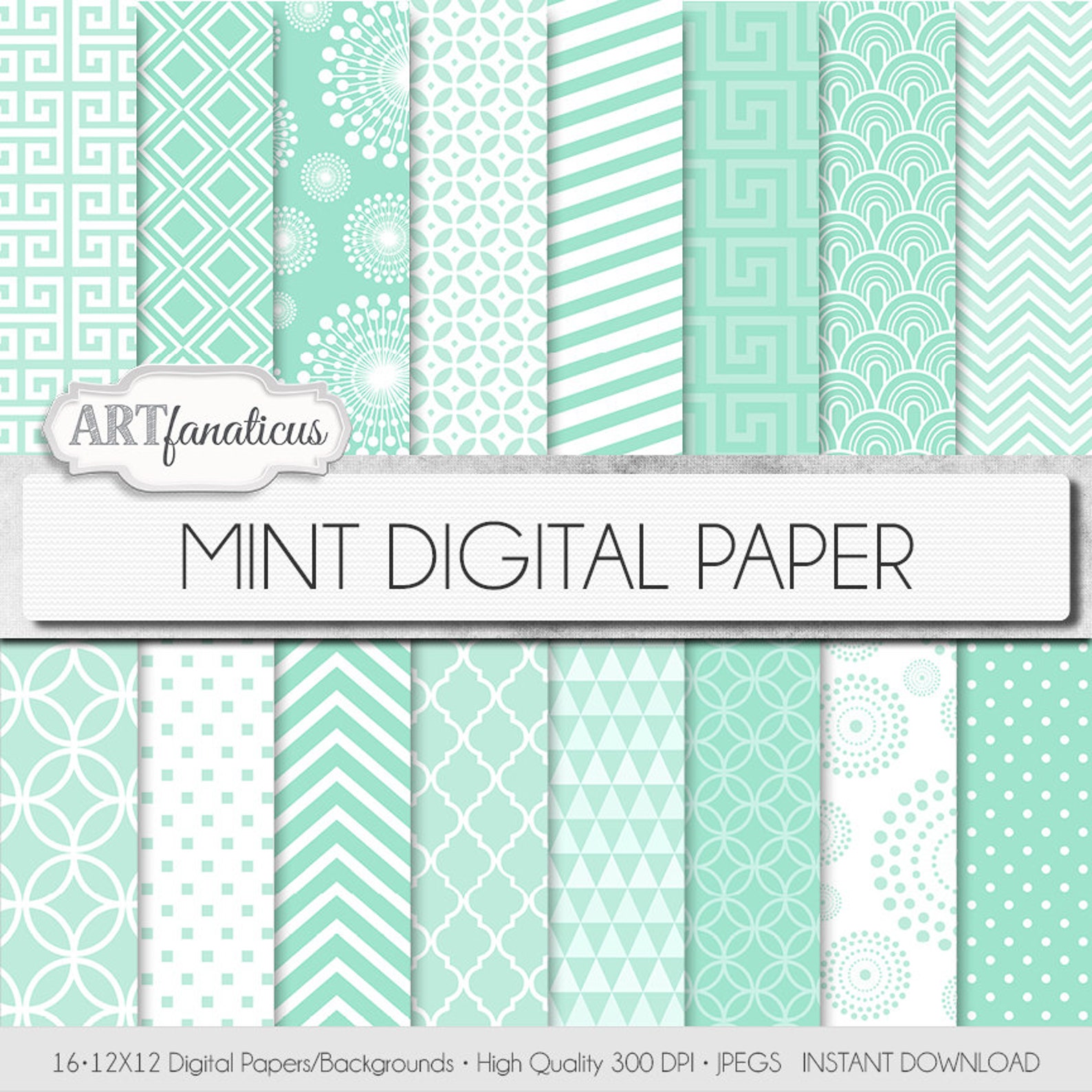 16 Mint Digital Papers "mint" Color Backgrounds With Chevron, Polkadots ...
