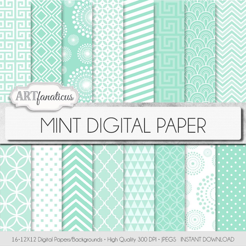 16 Mint Digital Papers "mint" Color Backgrounds With Chevron, Polkadots ...