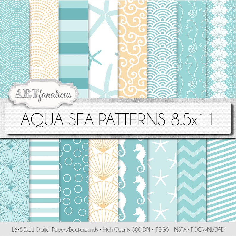 Beach Digital Papers "aqua SEA PATTERNS 8.5x11" Shells, Seahorse, Waves ...