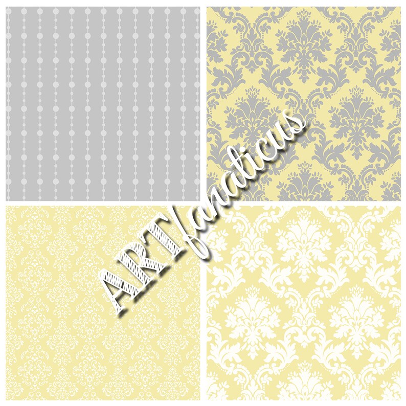 Damask Digital Papers "gray & YELLOW Damask" Elegant, Yellow, White ...