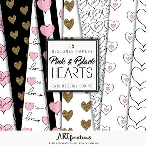 PINK & GOLD HEARTS Digital Designer Papers 16 Pink Watercolor Hand ...
