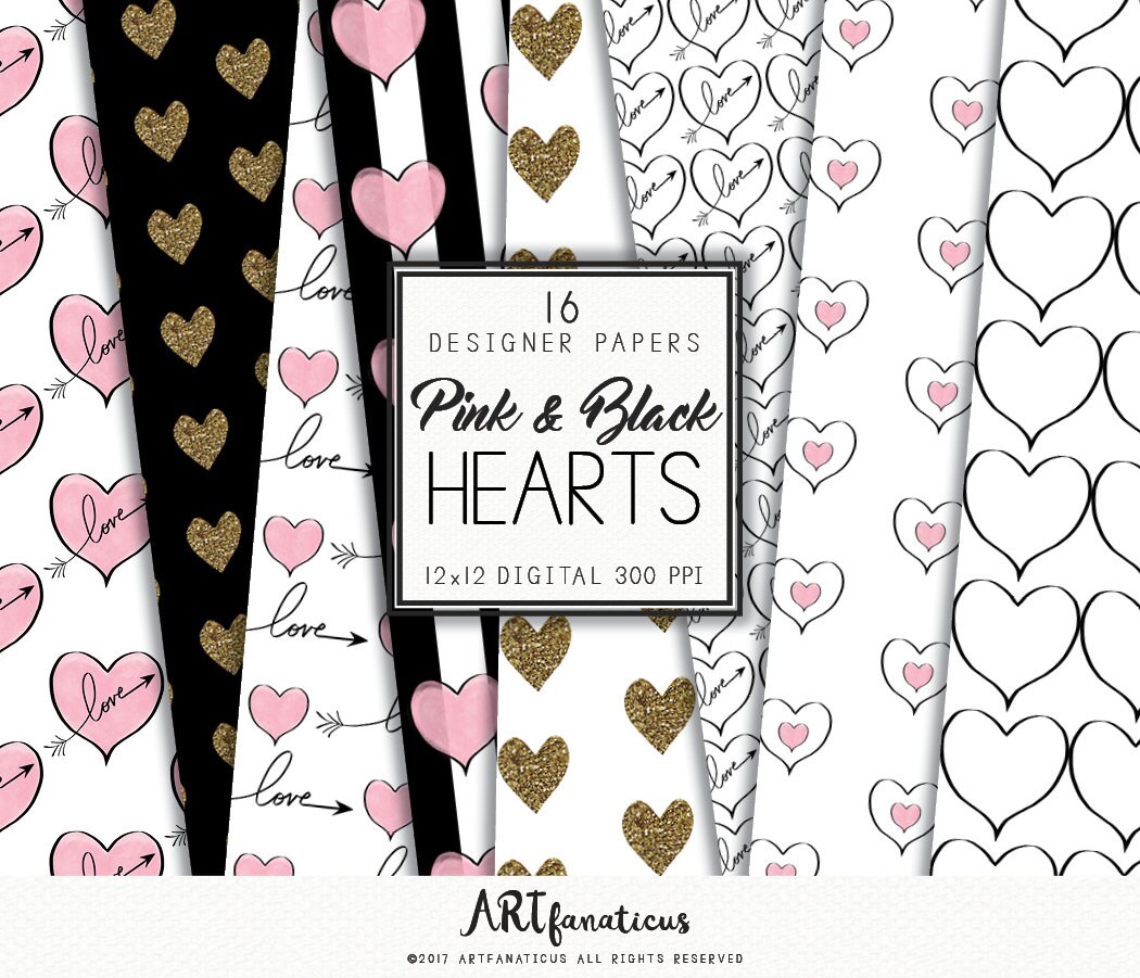 PINK & GOLD HEARTS Digital Designer Papers 16 Pink Watercolor Hand ...