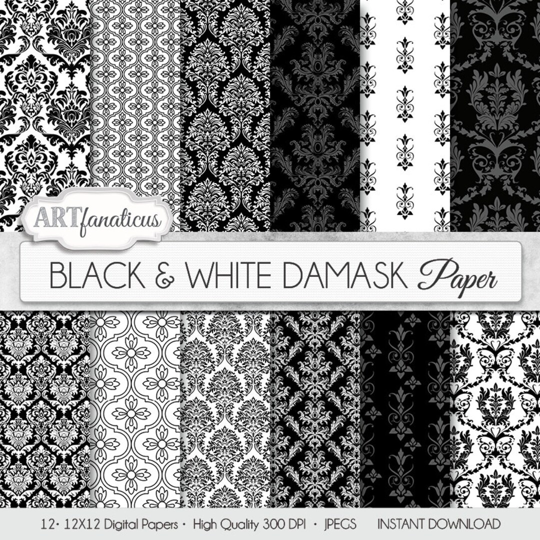 Damask Digital Papers "black & WHITE Damask" Elegant, Black, White ...