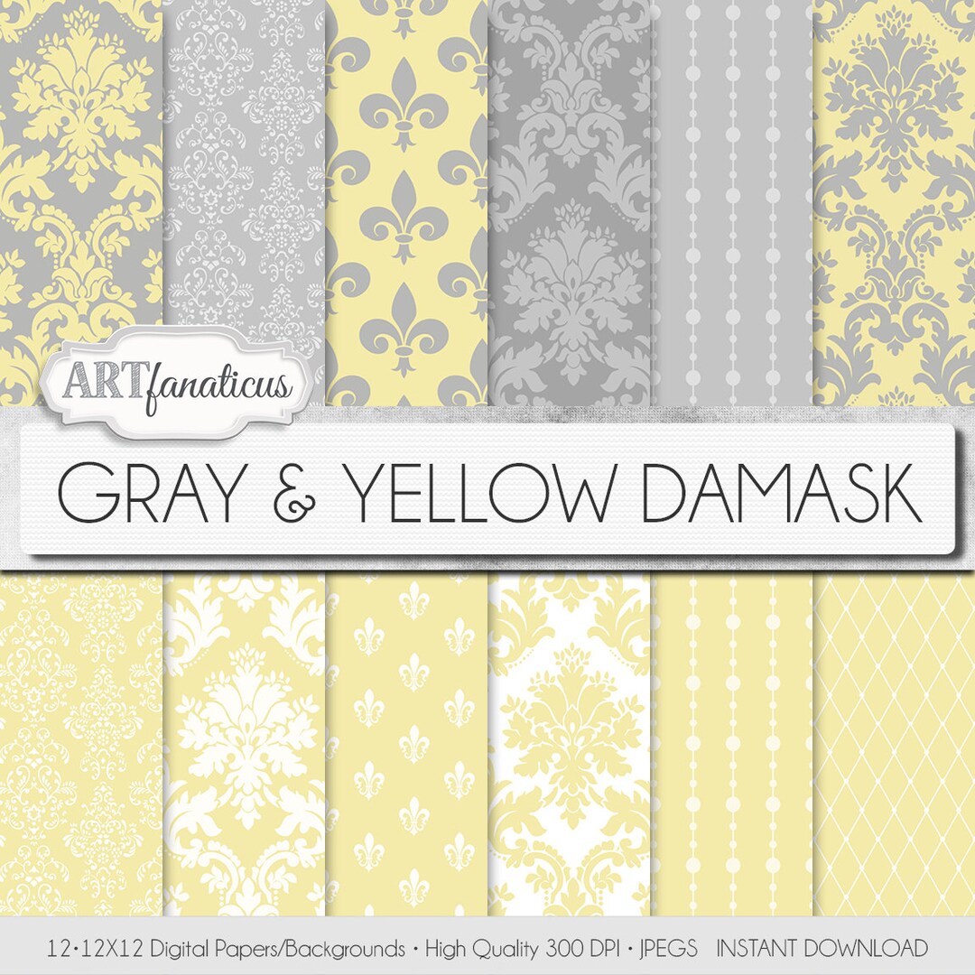 Damask Digital Papers "gray & YELLOW Damask" Elegant, Yellow, White ...