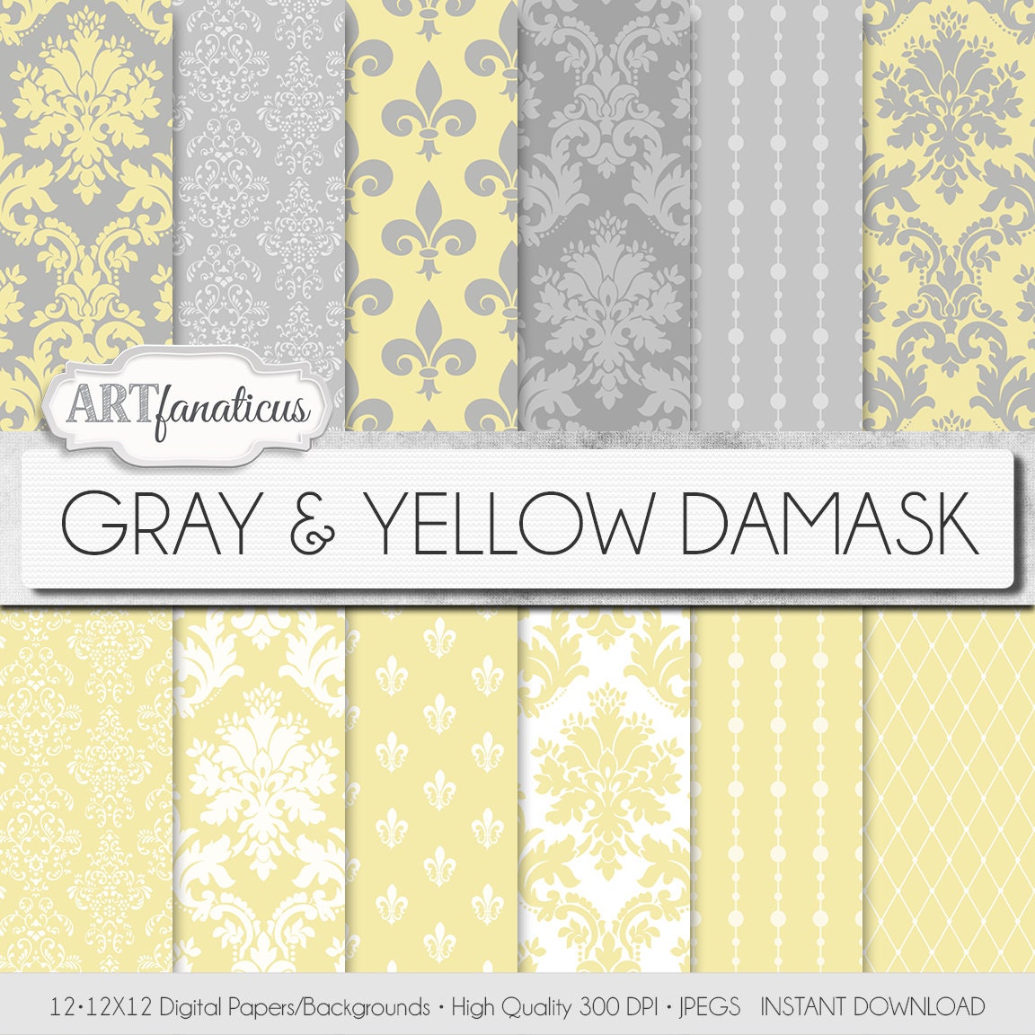 Damask Digital Papers gray & YELLOW Damask Elegant, Yellow, White, Gray ...