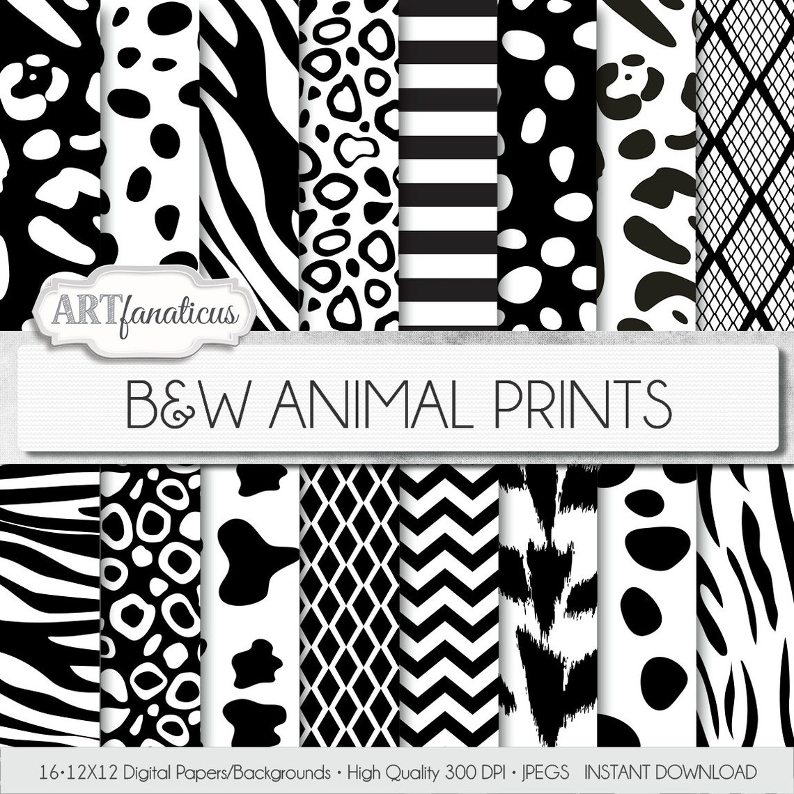 Black & White ANIMAL PRINTS Digital Papers, Animal Pattern, Cowhide ...