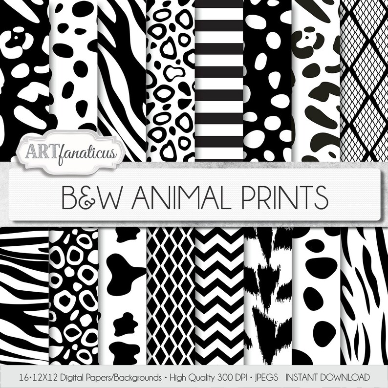 Black & White ANIMAL PRINTS Digital Papers, Animal Pattern, Cowhide ...