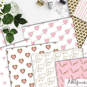 Pink & Gold Hearts Digital Designer Papers 16 Gold, Glitter, Pink ...