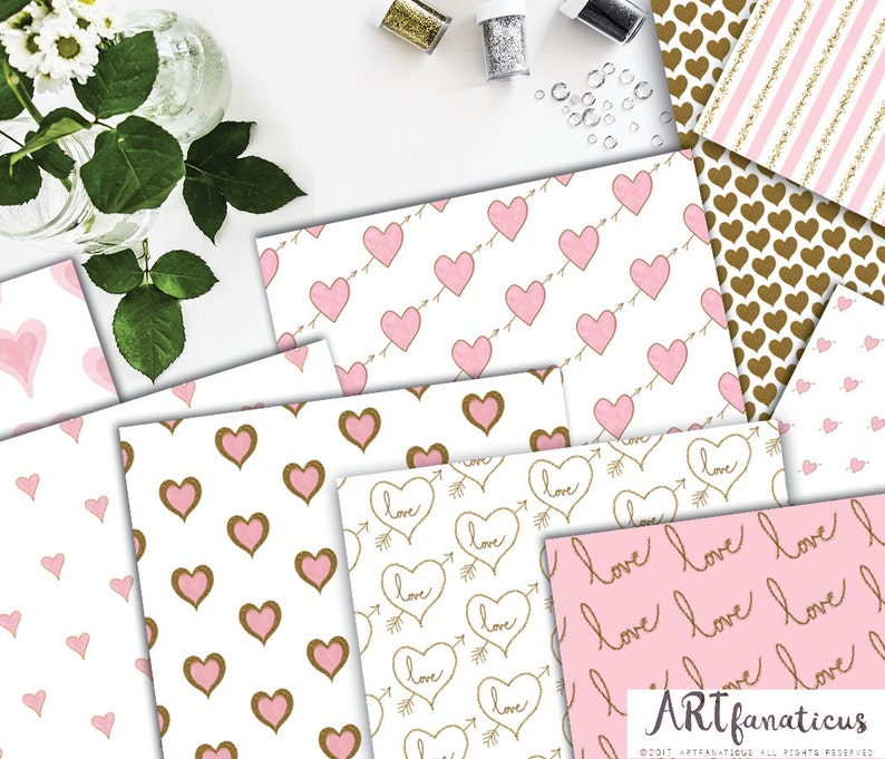 Pink & Gold Hearts Digital Designer Papers 16 Gold, Glitter, Pink ...