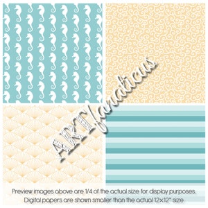 Beach Digital Papers "aqua SEA Patterns" Teal, Shells, Seahorse, Waves ...