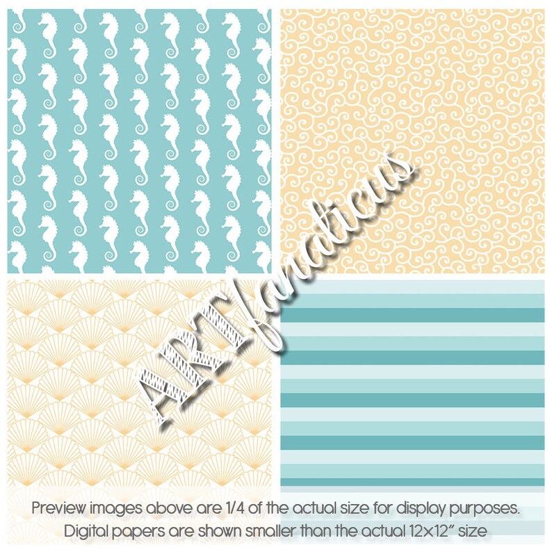 Beach Digital Papers "aqua SEA Patterns" Teal, Shells, Seahorse, Waves ...