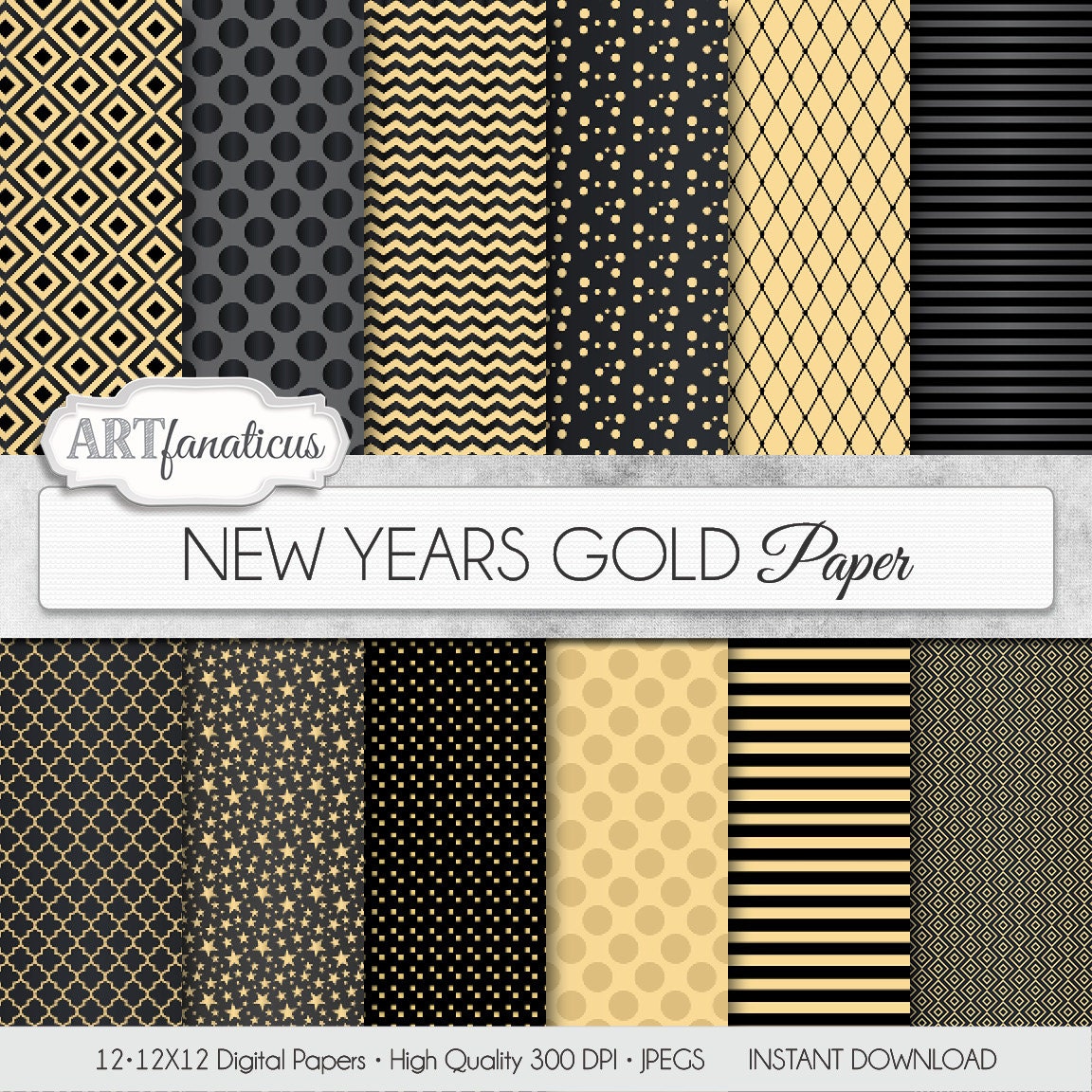 New Year Papers "new YEARS Gold" Digital Paper, Gold Stars, Gold ...