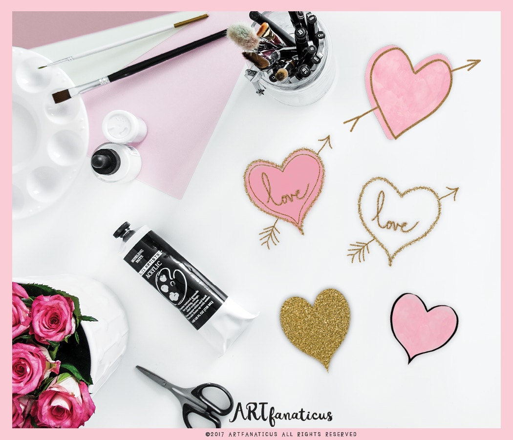 Pink & Gold Hearts - 50 Cliparts, Glitter Hearts, Heart Shapes, Love ...