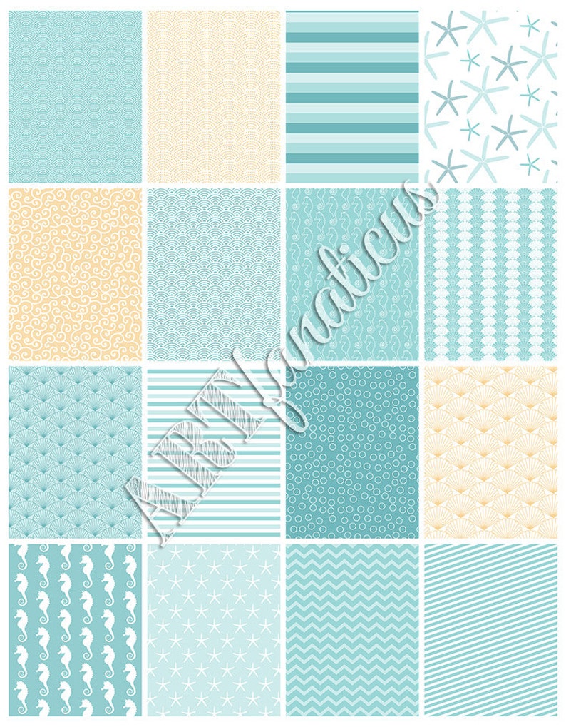 Beach Digital Papers aqua SEA PATTERNS 8.5x11 Shells, Seahorse, Waves ...