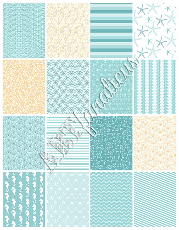 Beach Digital Papers aqua SEA PATTERNS 8.5x11 Shells, Seahorse, Waves ...