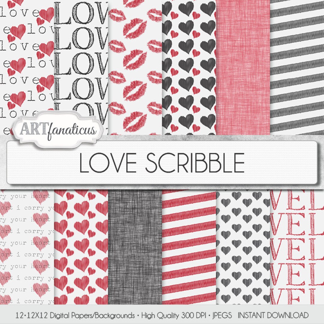 Love Digital Papers "love Scribble" Hand Drawn Backgrounds, Kisses, Red ...