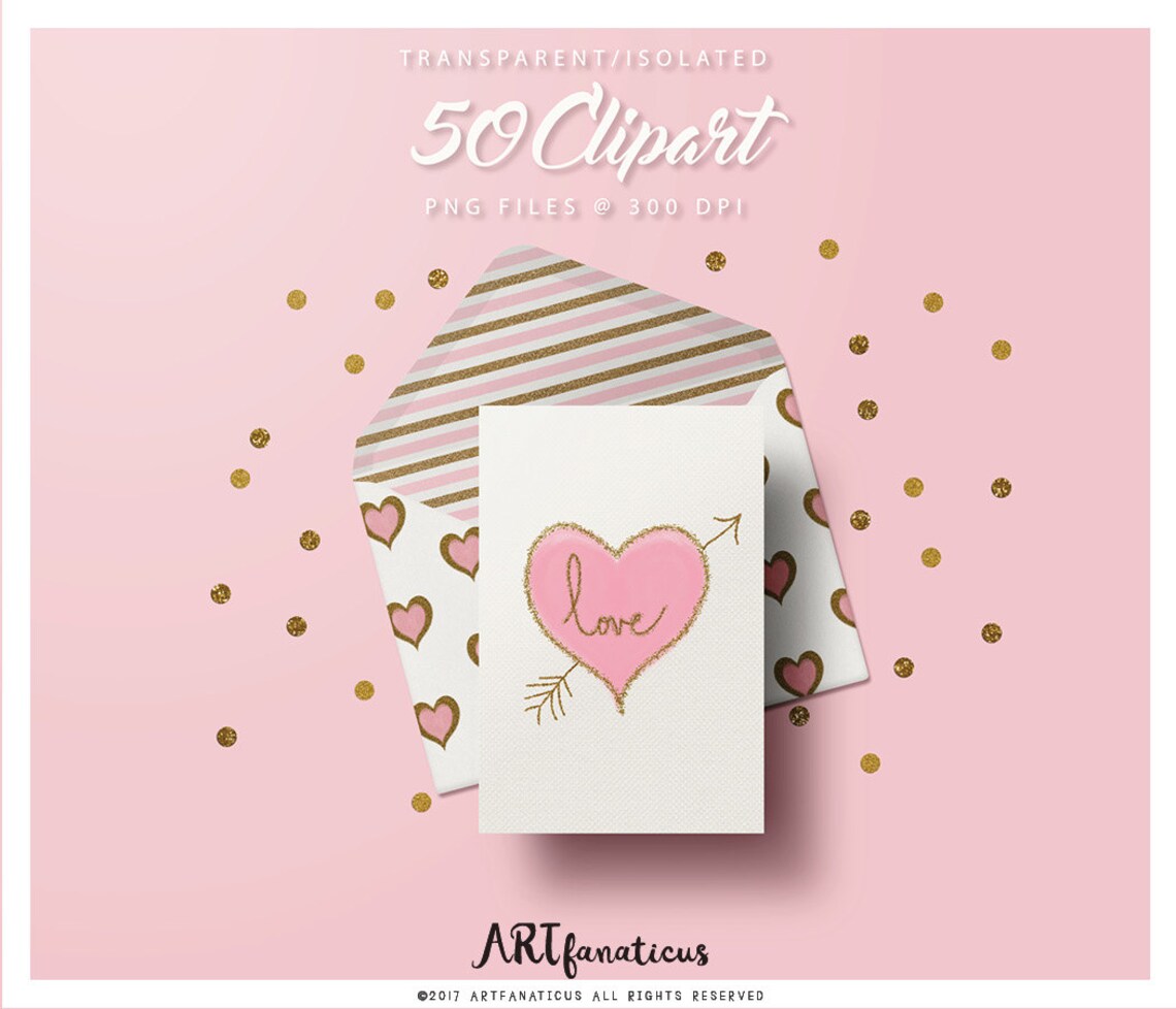 Pink & Gold Hearts 50 Cliparts, Glitter Hearts, Heart Shapes, Love ...
