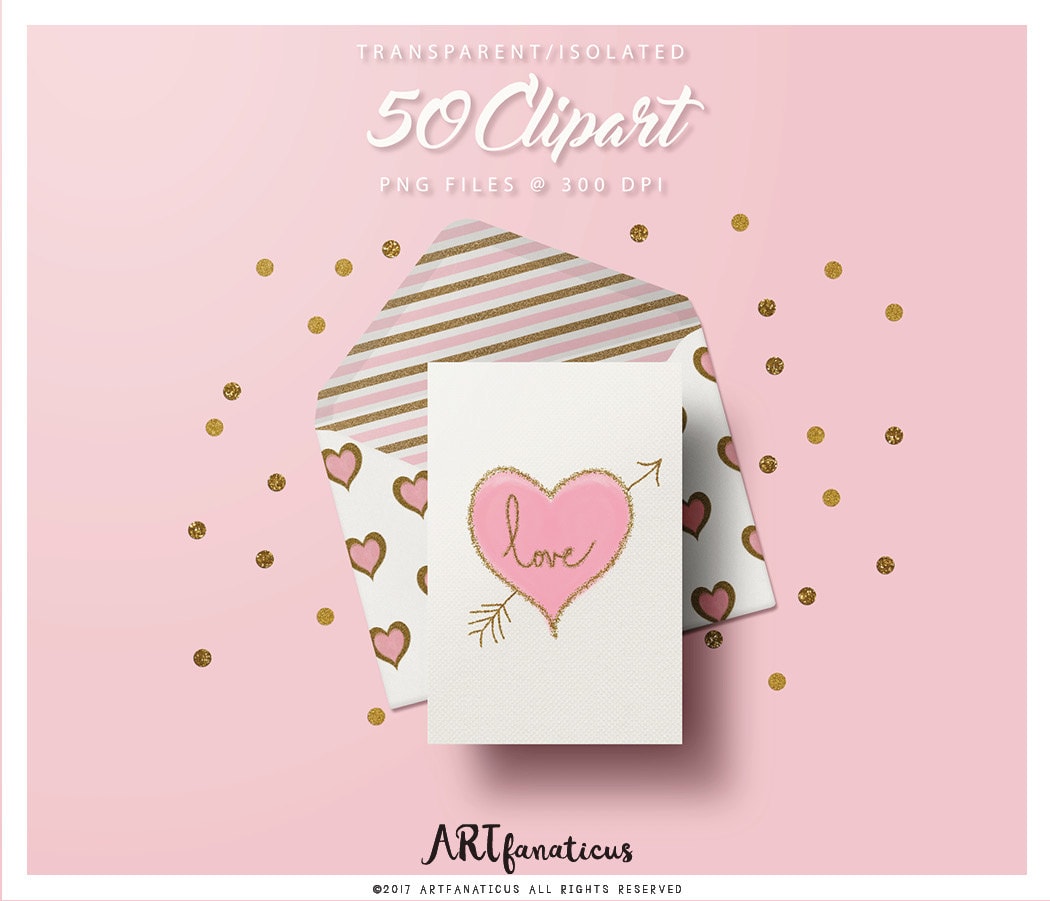 Pink & Gold Hearts - 50 Cliparts, Glitter Hearts, Heart Shapes, Love ...