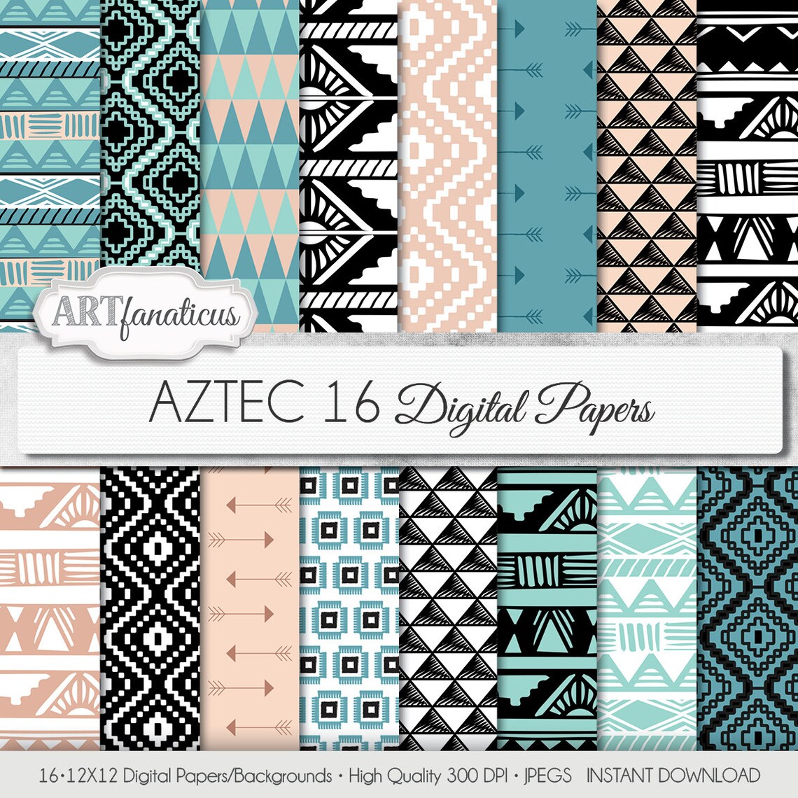 Tribal Digital Paper aztec Digital Paper Tribal Designs in Blue, Beige ...