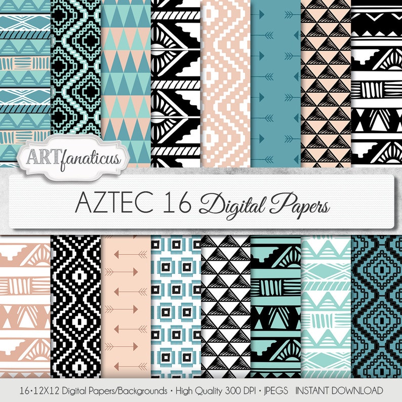 Tribal Digital Paper "aztec" Digital Paper Tribal Designs in Blue ...