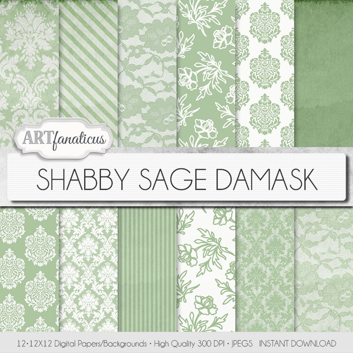 Shabby Green Damask Digital Papers "shabby SAGE Damask" Elegant, Rustic ...
