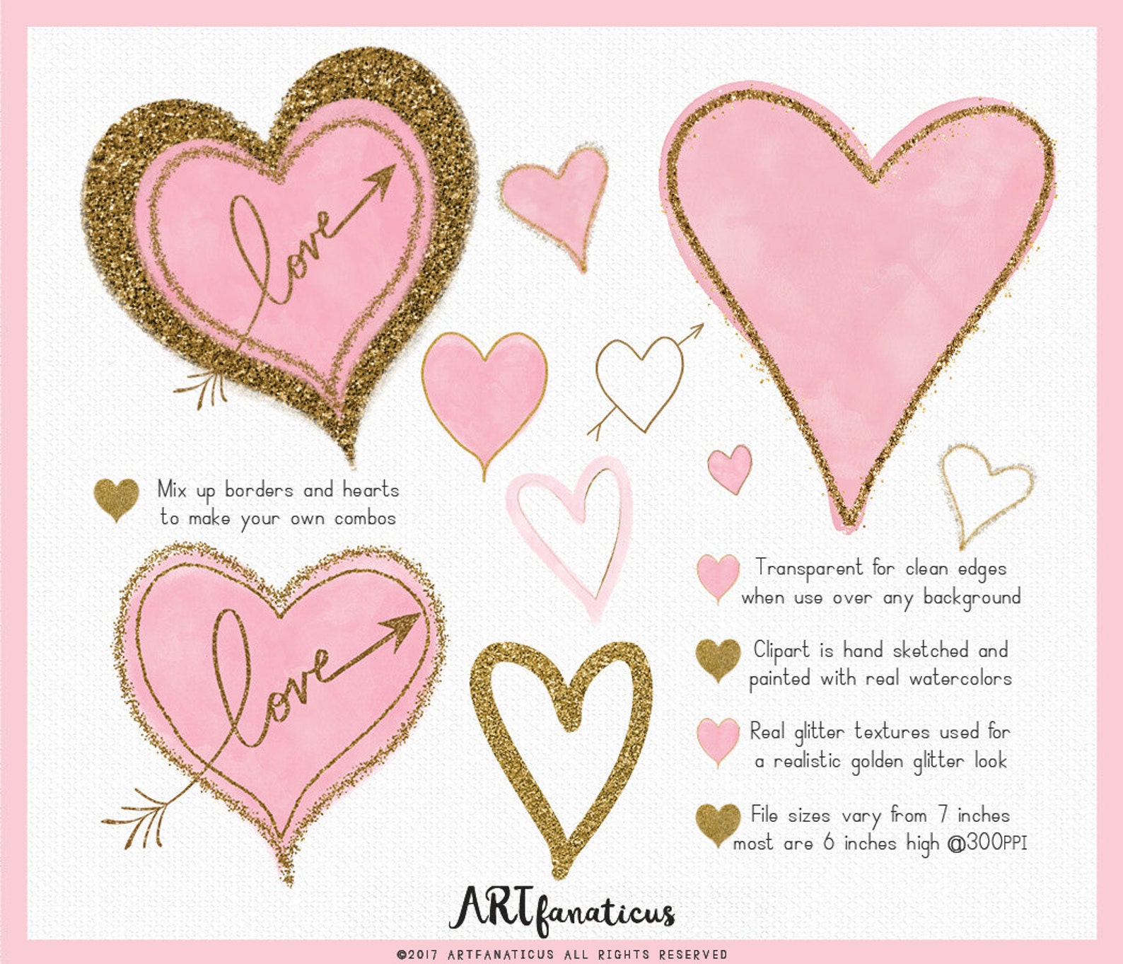 Pink & Gold Hearts - 50 Cliparts, Glitter Hearts, Heart Shapes, Love ...