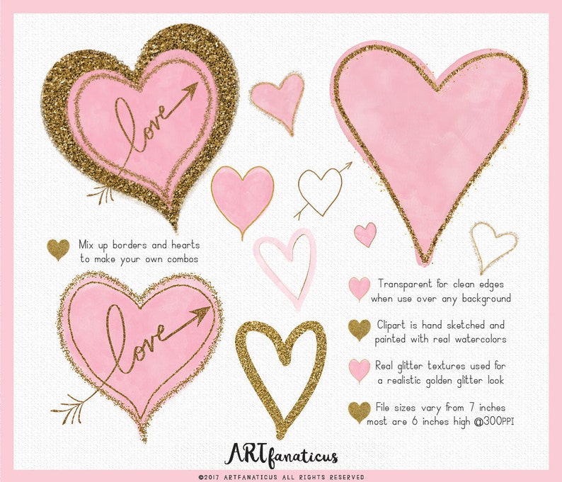 Pink & Gold Hearts - 50 Cliparts, Glitter Hearts, Heart Shapes, Love ...