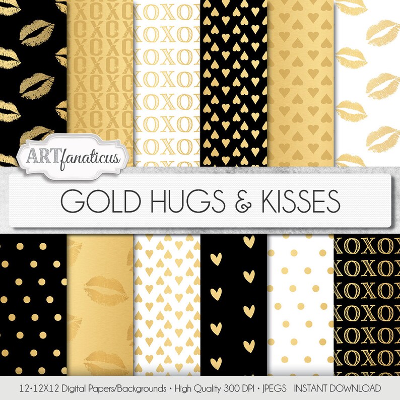 Shimmering Gold Digital Papers "gold HUGS & Kisses" Gold Backgrounds ...