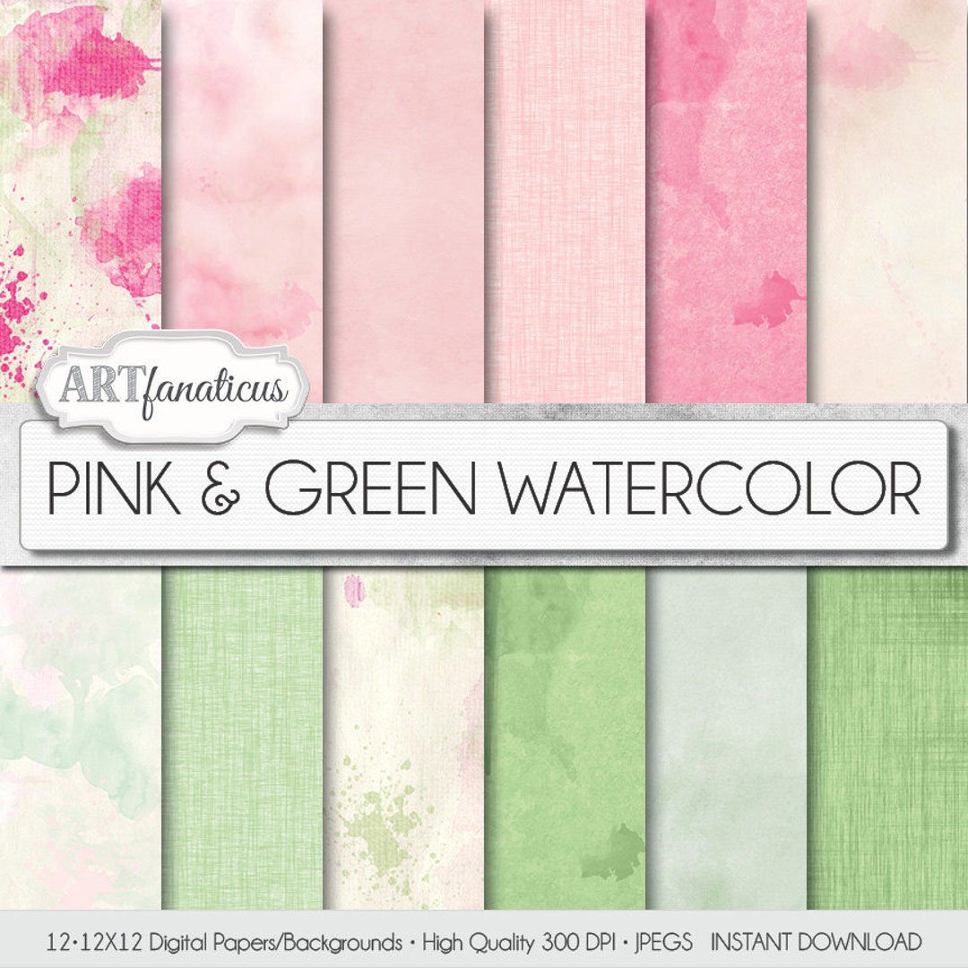 Watercolor Digital Papers "pink & Green Watercolor" Watercolour ...