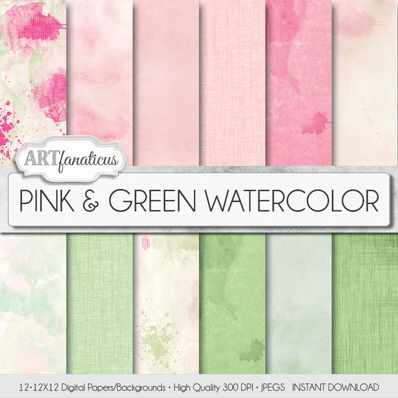 Watercolor Digital Papers "pink & Green Watercolor" Watercolour ...