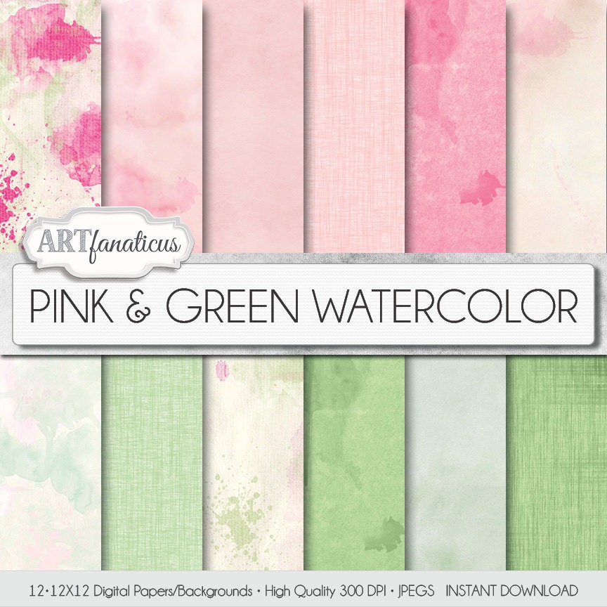 Watercolor Digital Papers "pink & Green Watercolor" Watercolour ...