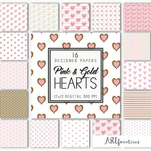 Pink & Gold Hearts Digital Designer Papers 16 Gold, Glitter, Pink ...