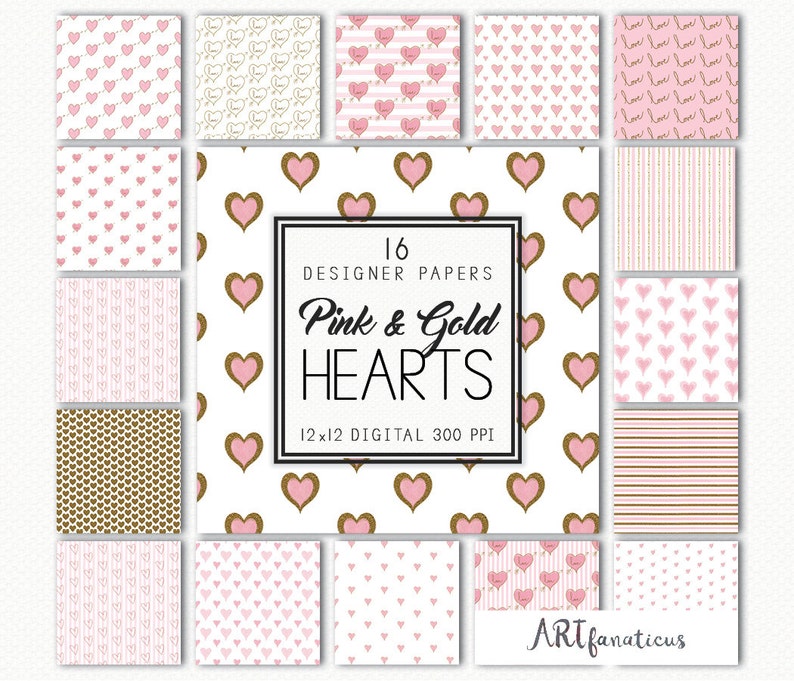 Pink & Gold Hearts Digital Designer Papers 16 Gold, Glitter, Pink ...