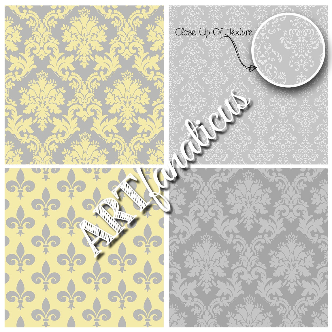 Damask Digital Papers gray & YELLOW Damask Elegant, Yellow, White, Gray ...