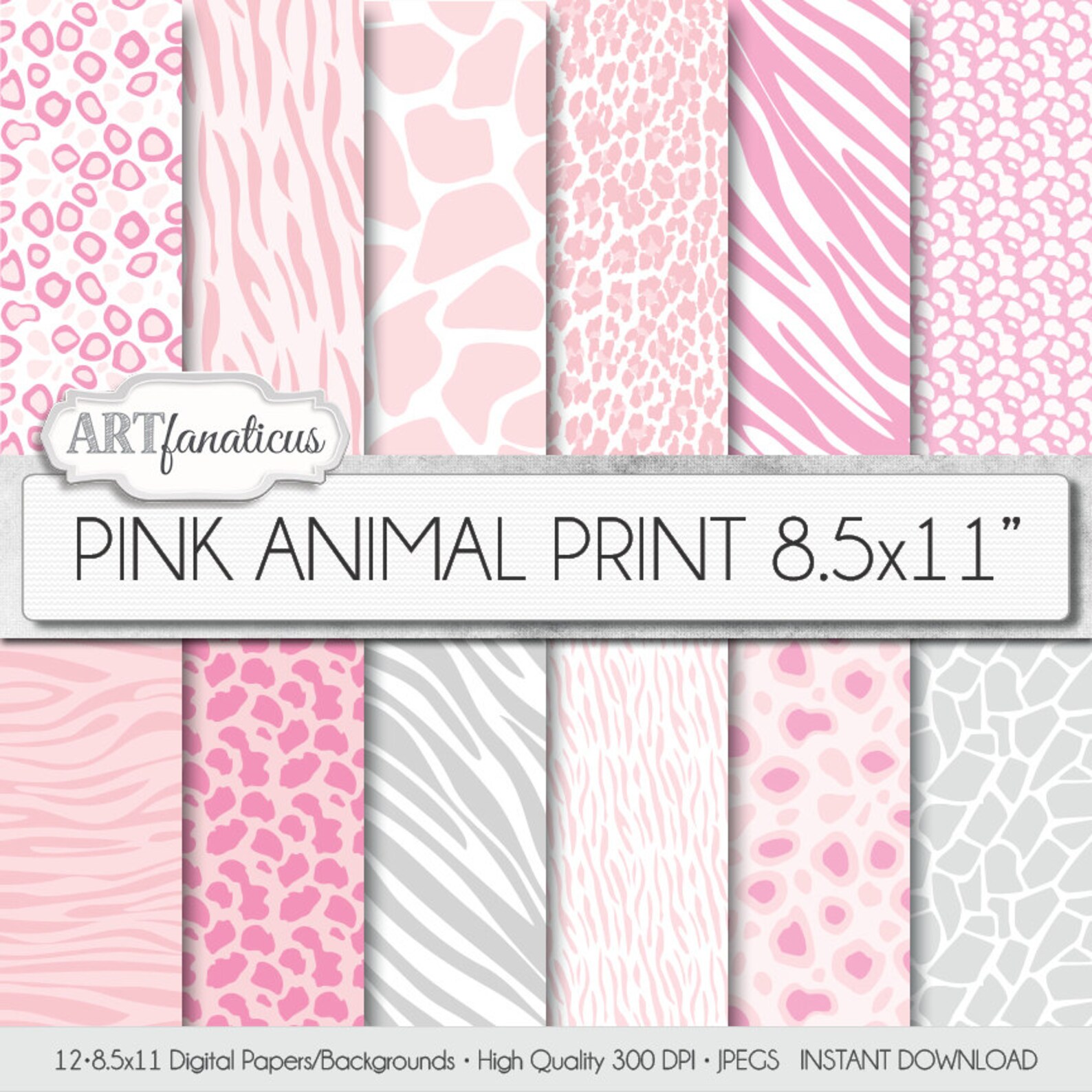 ANIMAL PRINT 8.5x11 Digital Papers Pink and White Background, Animal ...
