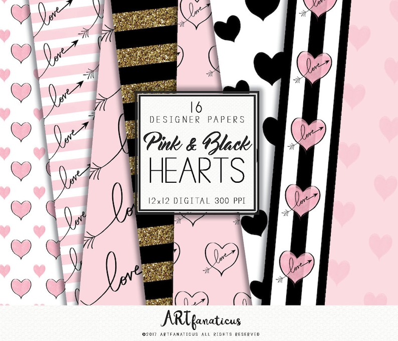 PINK & GOLD HEARTS Digital Designer Papers 16 Pink Watercolor Hand ...