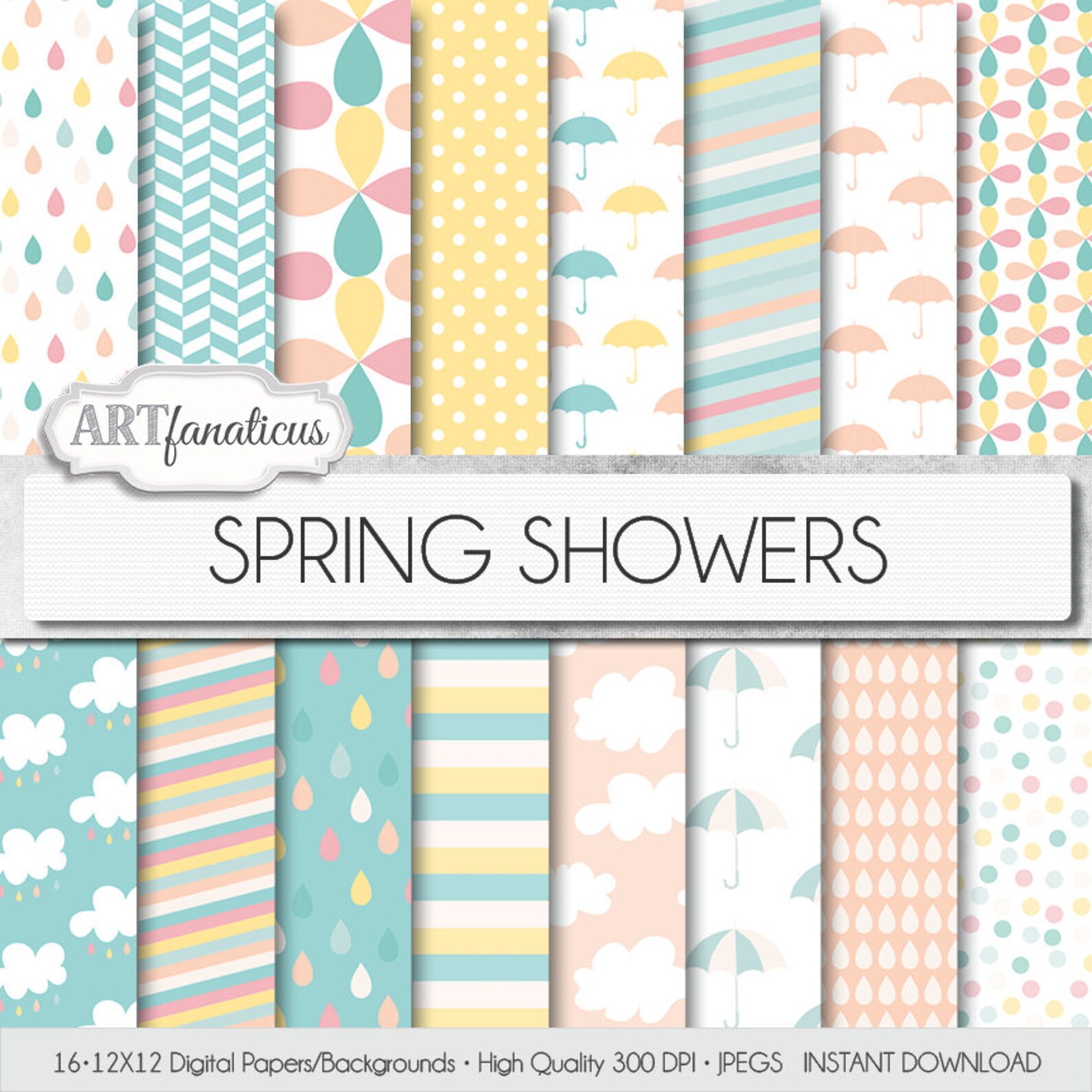 Baby Shower Digital Papers "spring Showers" Pink, Blue, Peach,yellow ...