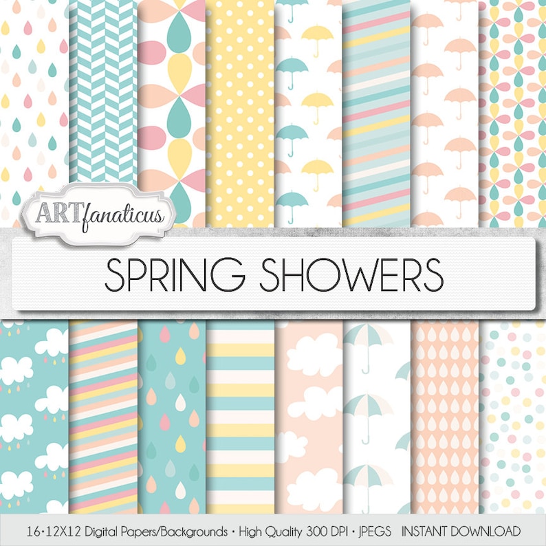 Baby Shower Digital Papers "spring Showers" Pink, Blue, Peach,yellow ...