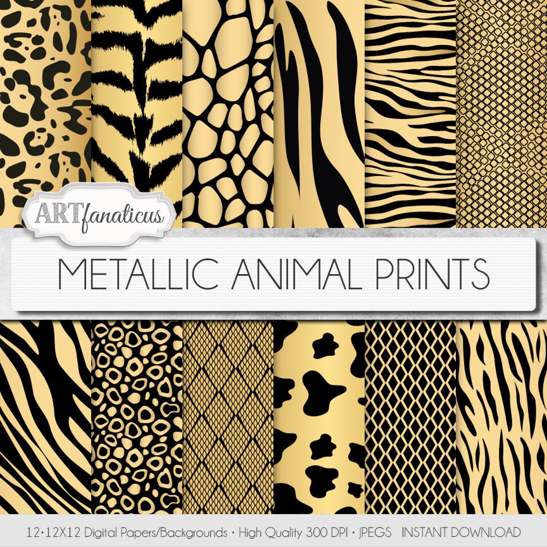 METALLIC ANIMAL PRINTS 12x12 Digital Paper, Metallic Gold Background ...