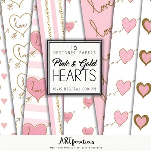 Pink & Gold Hearts Digital Designer Papers 16 Gold, Glitter, Pink ...