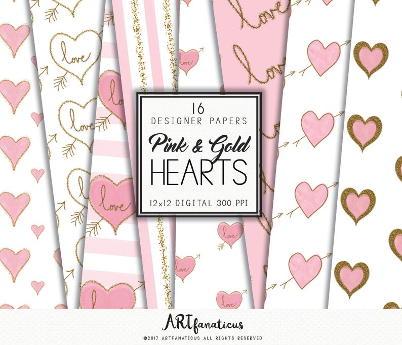 Pink & Gold Hearts Digital Designer Papers 16 Gold, Glitter, Pink ...