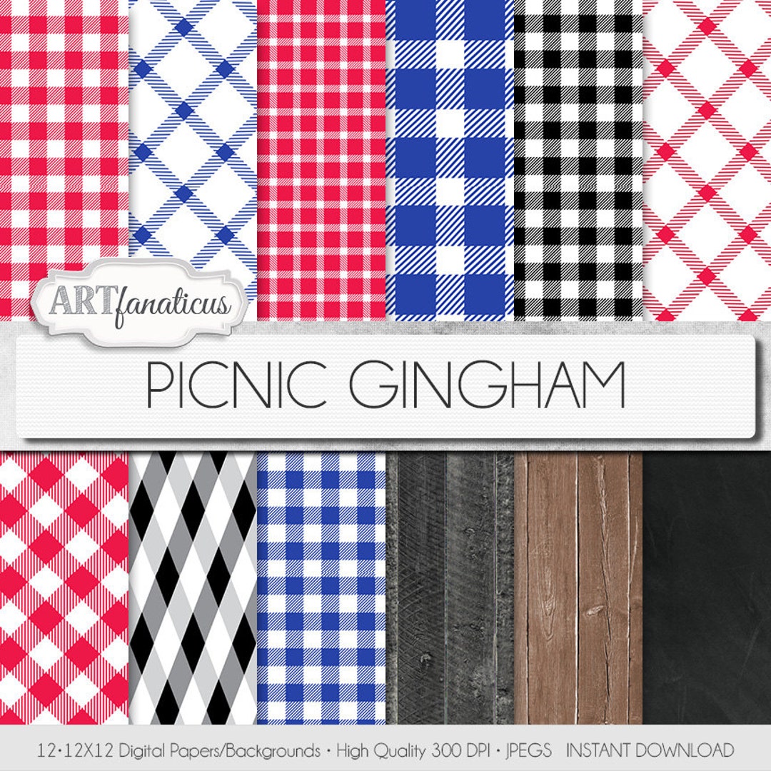 Gingham Digital Papers "picnic Gingham" Reds, Blues, Black, White ...