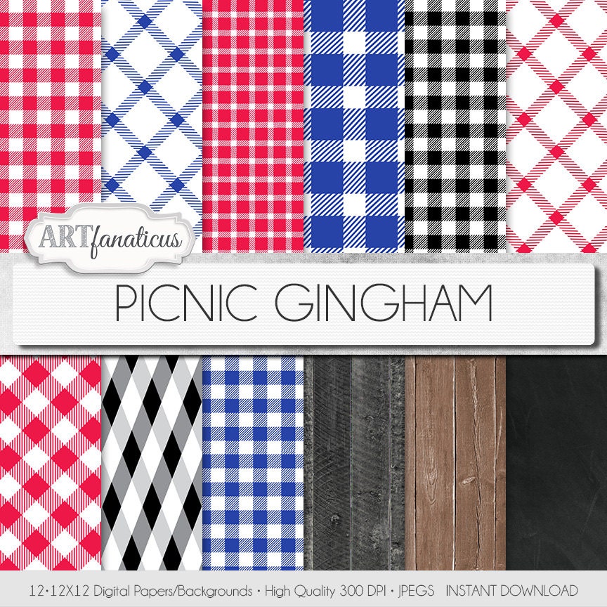 Gingham Digital Papers "picnic Gingham" Reds, Blues, Black, White ...