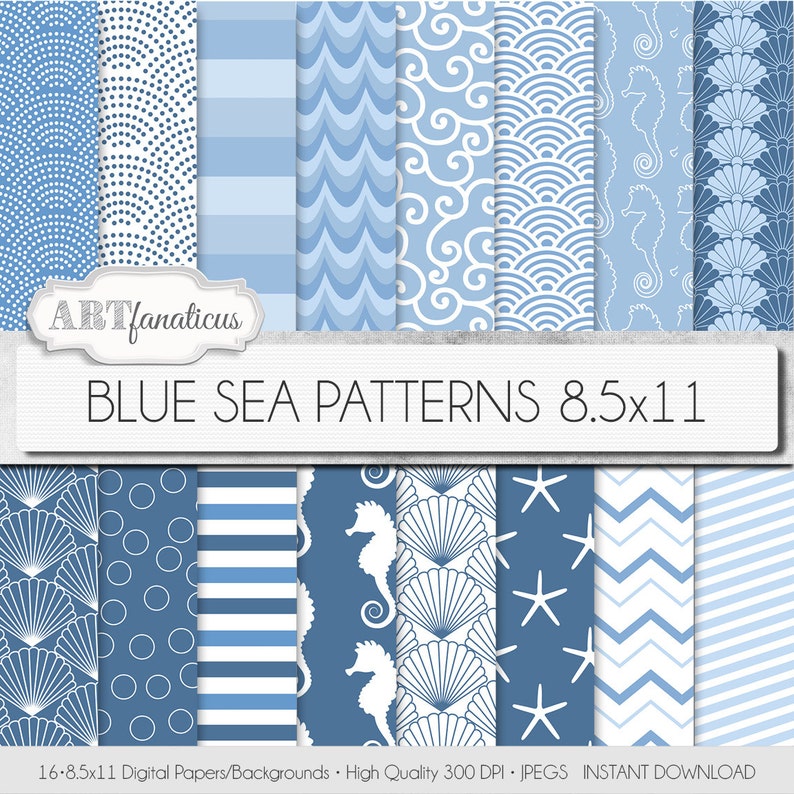 8.5x11 Beach Digital Papers "blue SEA Patterns" Shells, Seahorse, Waves ...