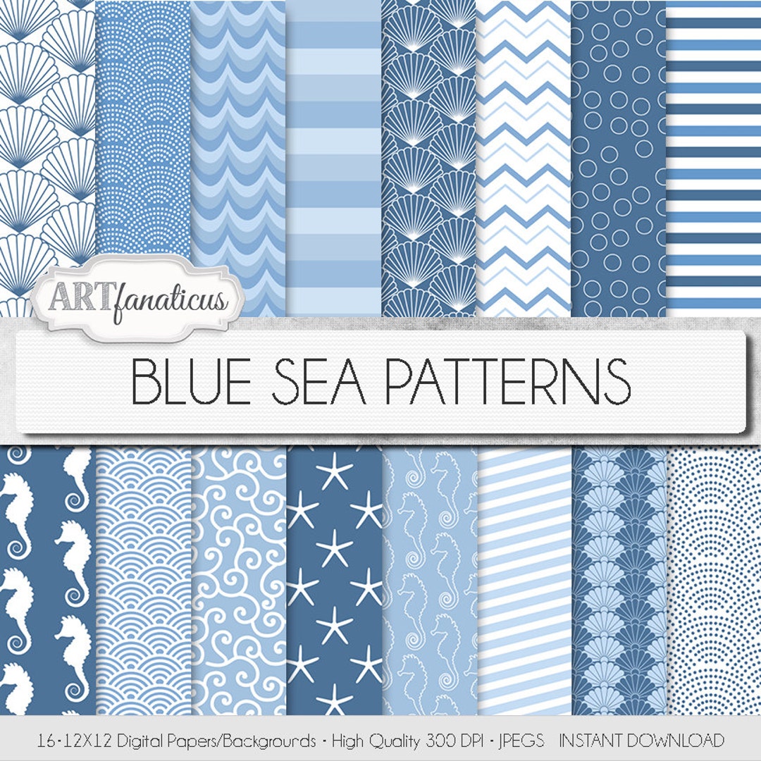 Beach Digital Papers "blue SEA Patterns" Shells, Seahorse, Waves ...