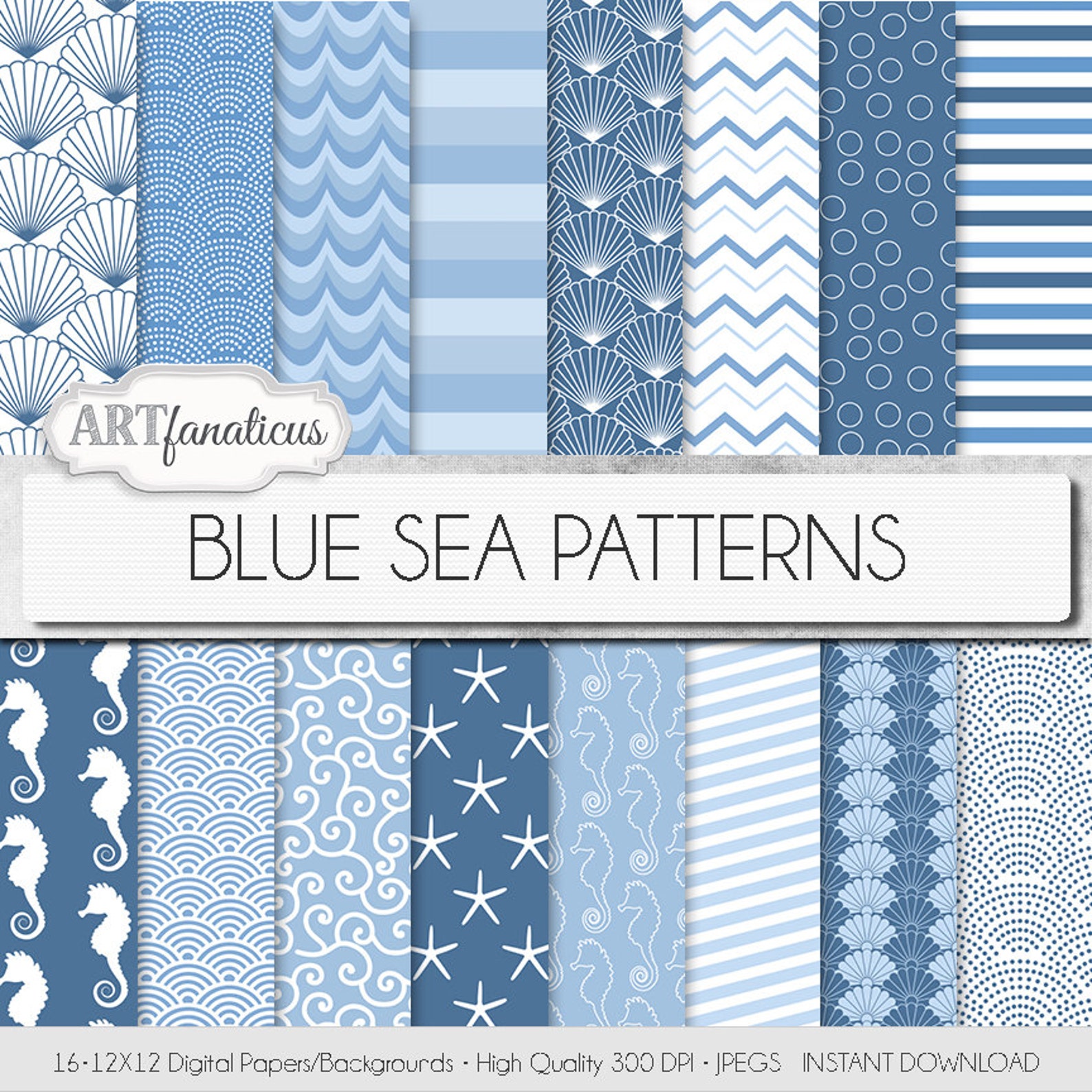 Beach Digital Papers "blue SEA Patterns" Shells, Seahorse, Waves ...