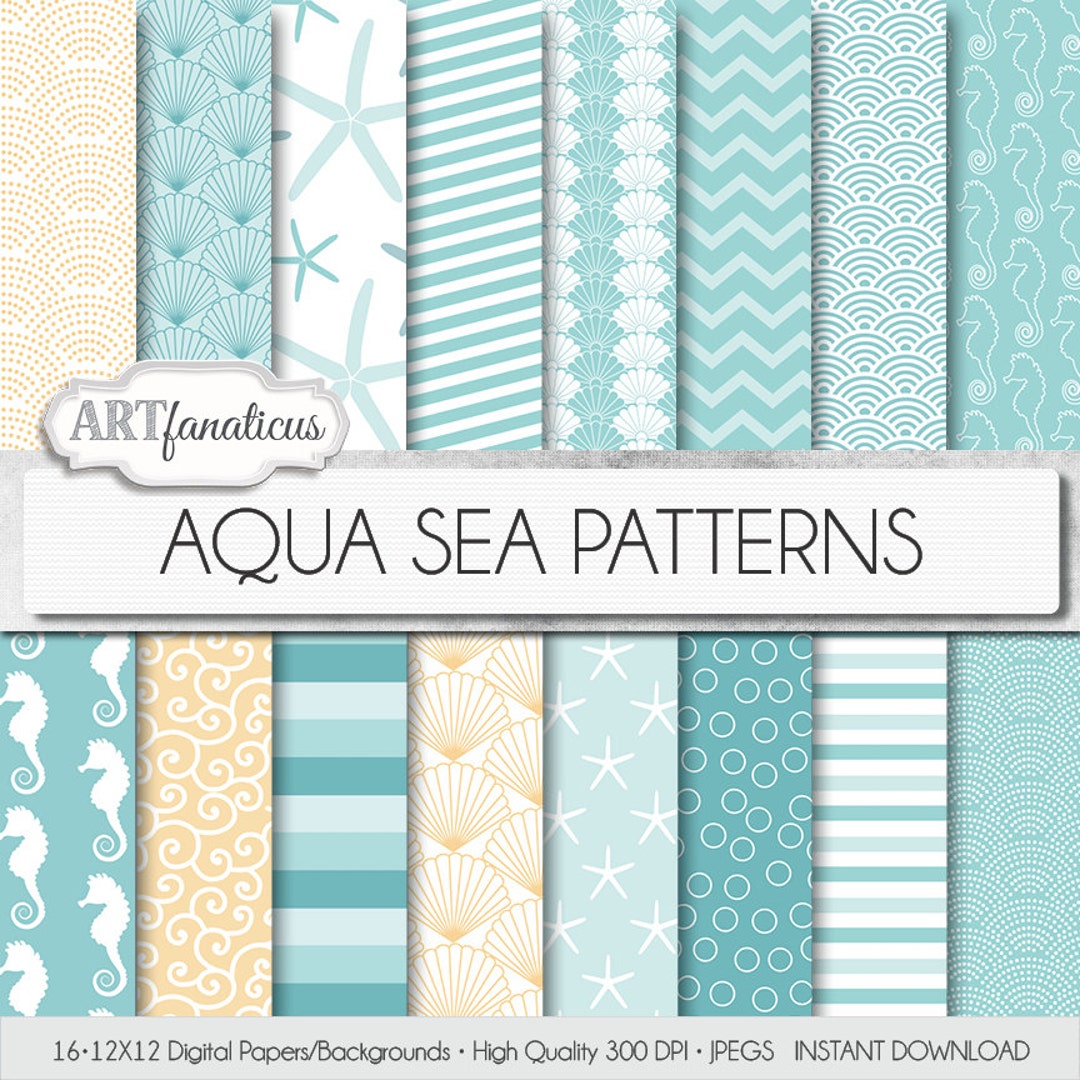 Beach Digital Papers "aqua SEA Patterns" Teal, Shells, Seahorse, Waves ...