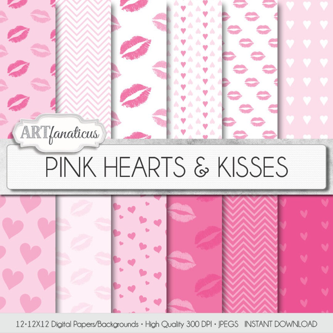 Love Digital Paper "pink HEARTS & Kisses" Heart Patterns, Pink ...