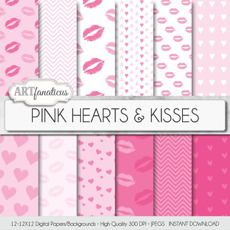 Love Digital Paper "pink HEARTS & Kisses" Heart Patterns, Pink ...